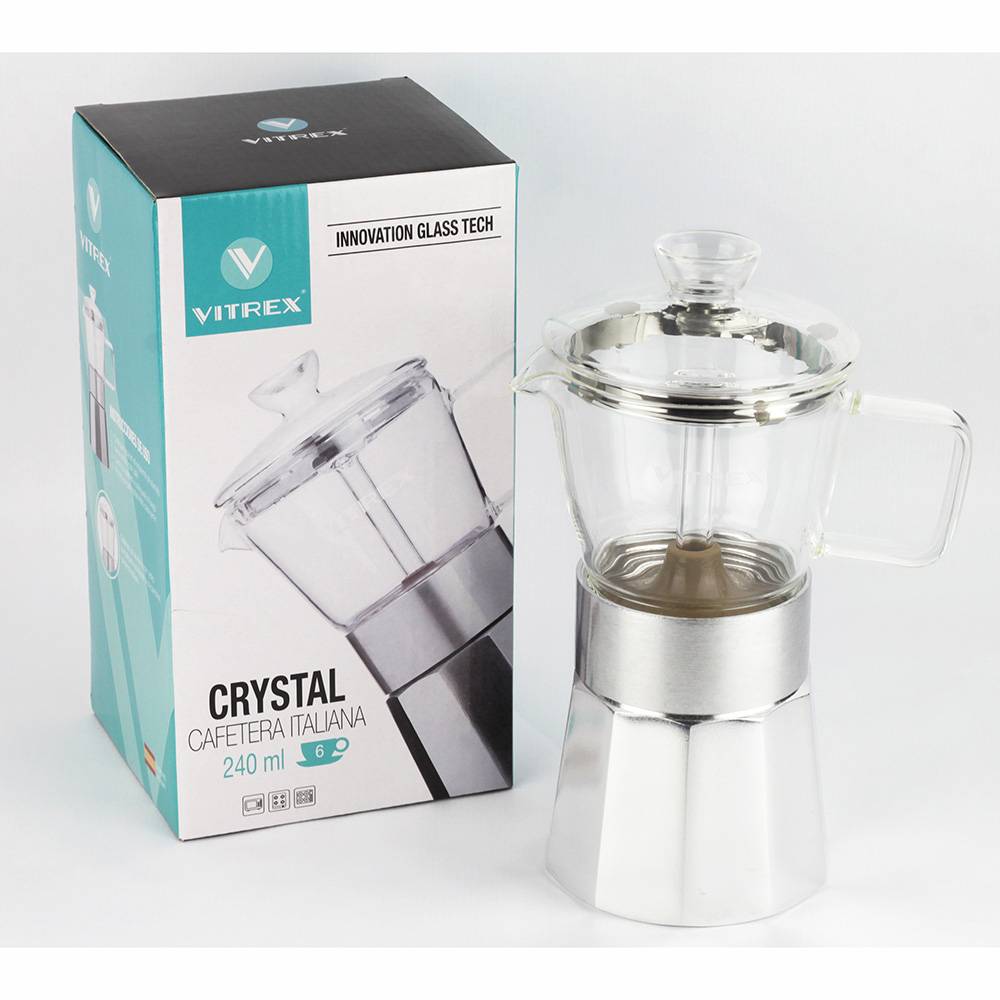 Cafetera de Vidrio Borosilicato y Aluminio Vitrex Crystal + 9 Tazas | Abc