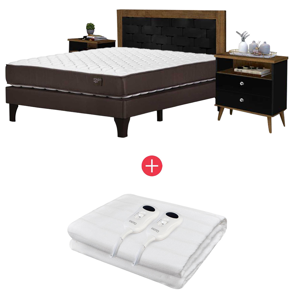 Combo Cama Europea Rosen 2 Plazas Ergo T + Respaldo + 2 Veladores ...